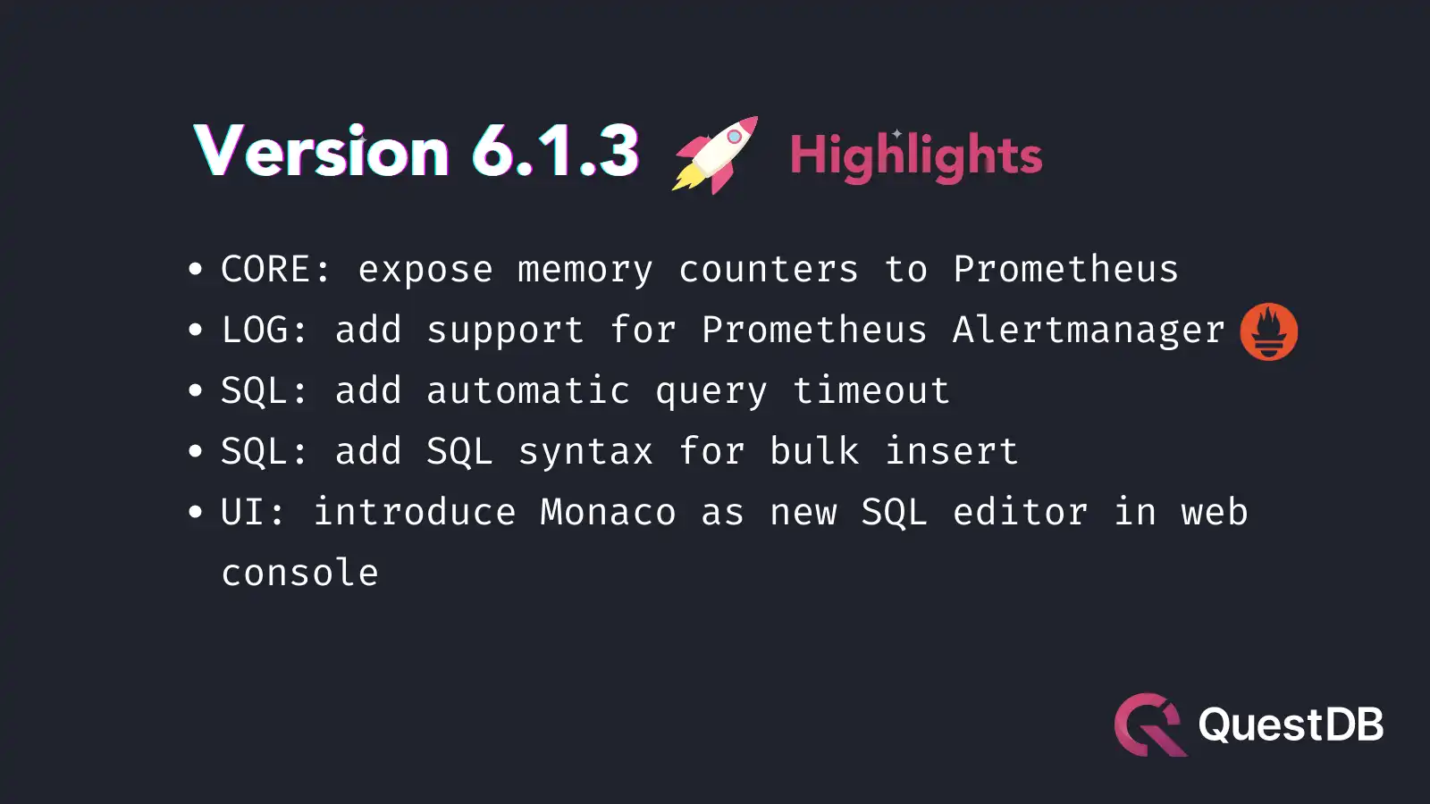 QuestDB 6.1.3 December release, Prometheus improvements | QuestDB