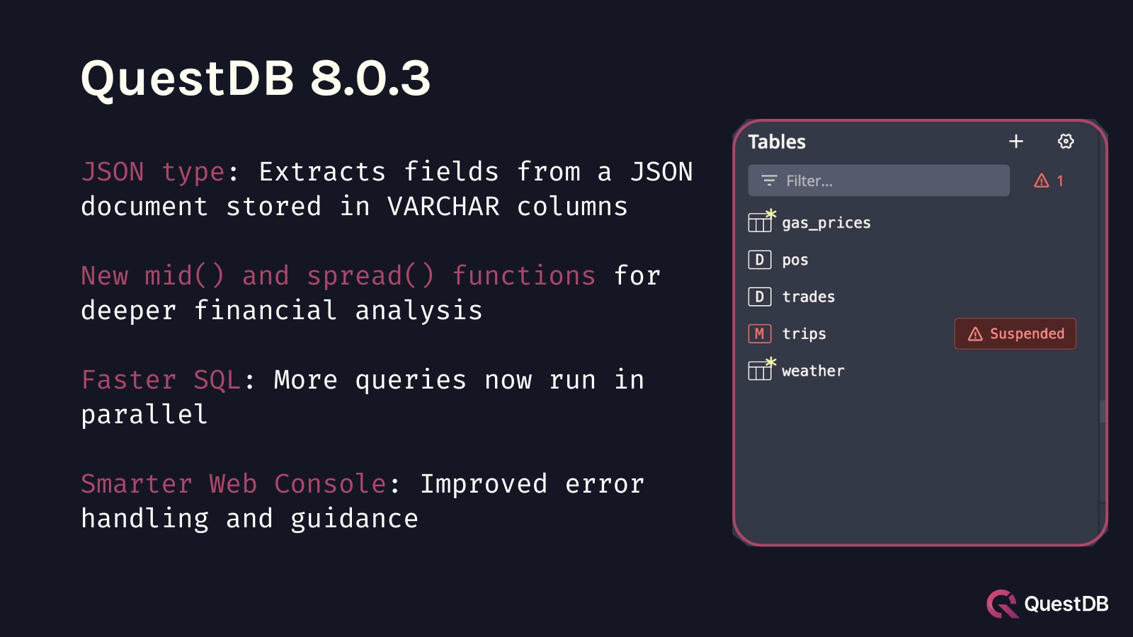 QuestDB 8.0.3 - JSON support, smarter Web Console, and more | QuestDB