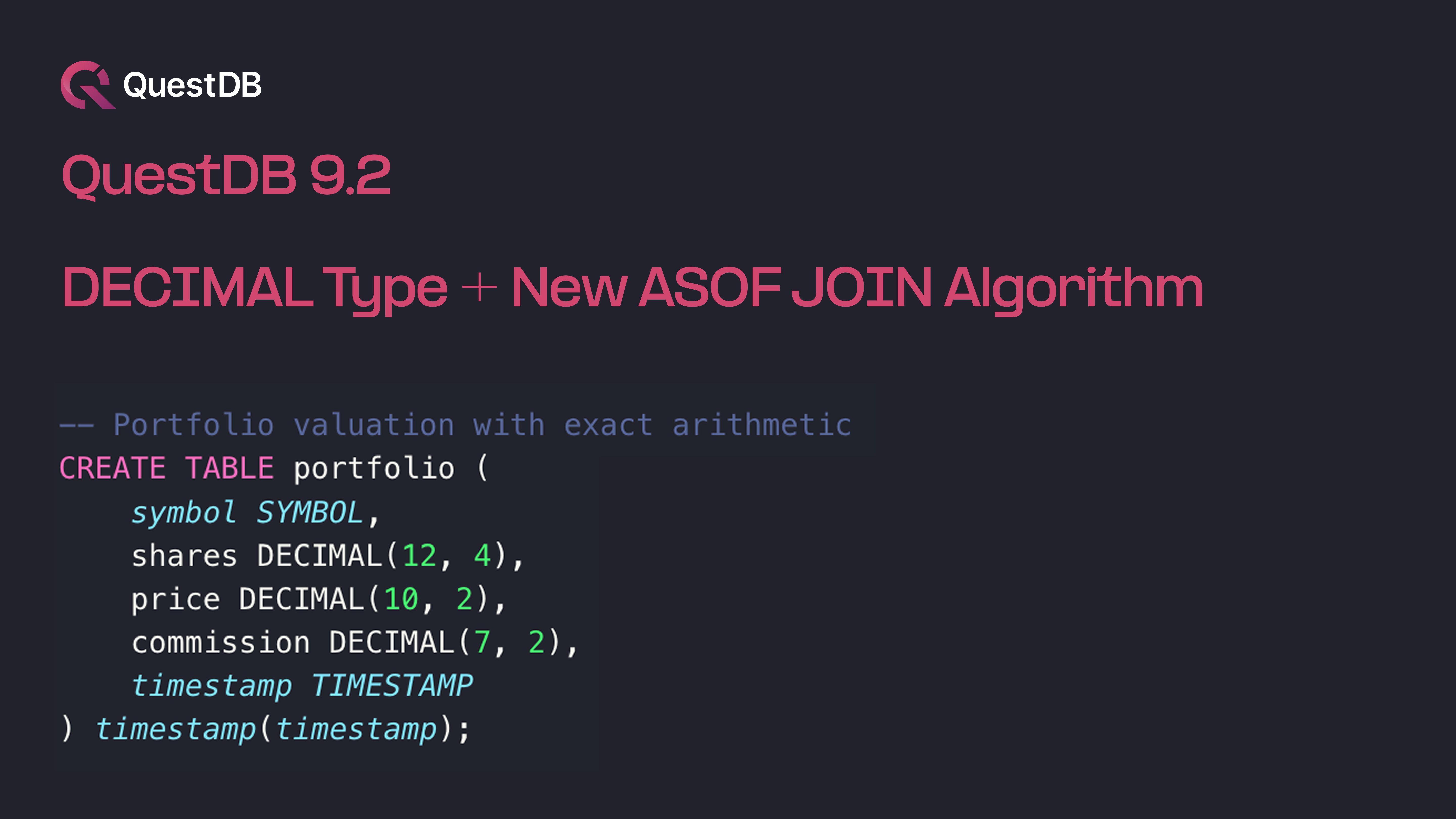 QuestDB 9.2: Exact arithmetic and smarter temporal joins | QuestDB