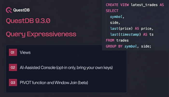 QuestDB 9.3: Window joins, views, PIVOT, and AI in the console | QuestDB